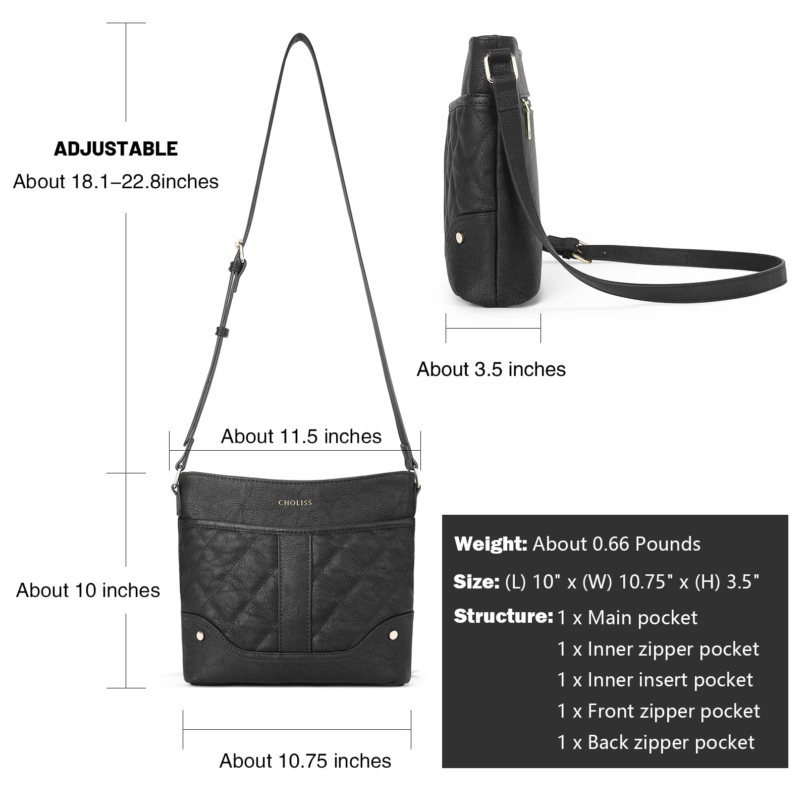 CHOLISS Crossbody Purse for Women, Medium Size Zipper Pocket Women Purse Bag Adjustable Strap,Retro Leather Shoulder Handbag, Black