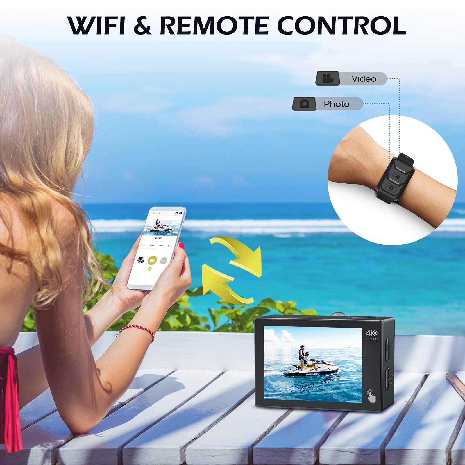 CAMWORLD Action Camera 4K 20MP Dual Screen Underwater Waterproof Camera with Touch Screen, EIS, Remote Control, Wi-Fi, Action Cam with 2 Batteries and Camera Accessories