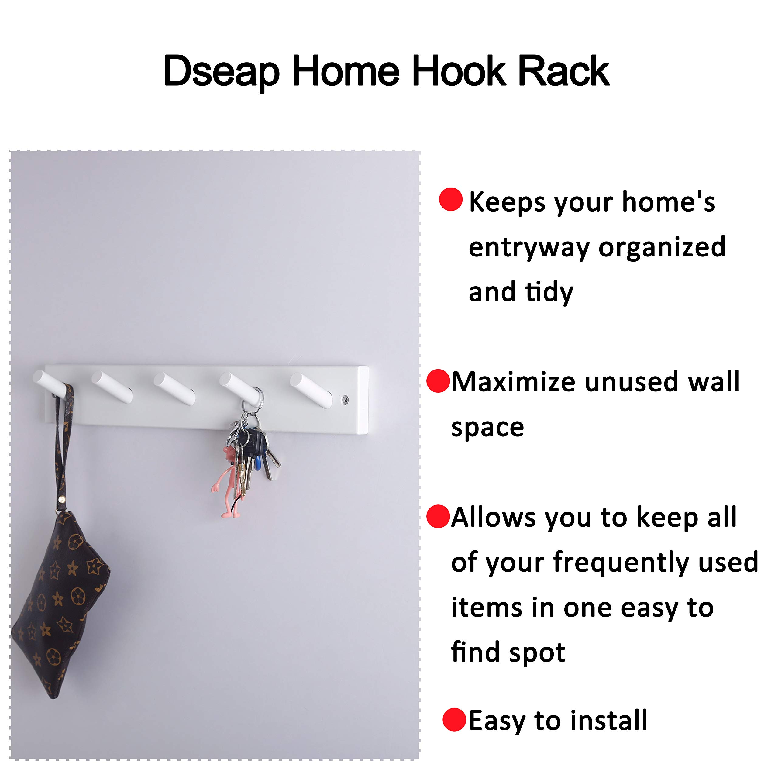 Dseap Wall Mounted Coat Rack: 16-Inches Hole to Hole, 5 Pegs Coat Hanger Hooks for Hanging Coats Towels Hats Clothes, White