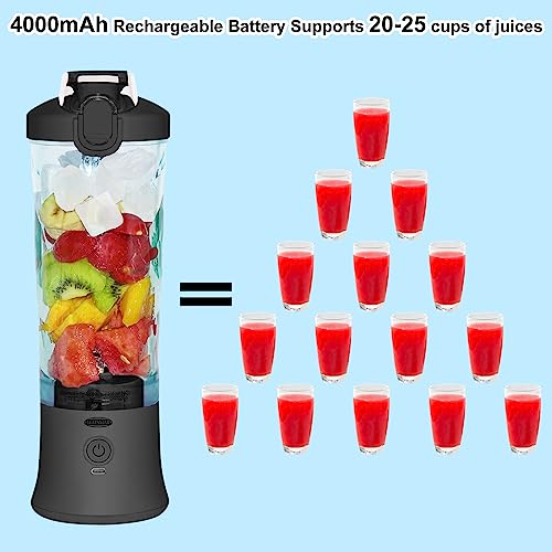 Portable Blender for Shakes and Smoothies 20 Oz, Waterproof Personal Blender USB Rechargeable with 6 Blades and Travel Lid for Kitchen, Office, Gym & Travel (Carbon Black)