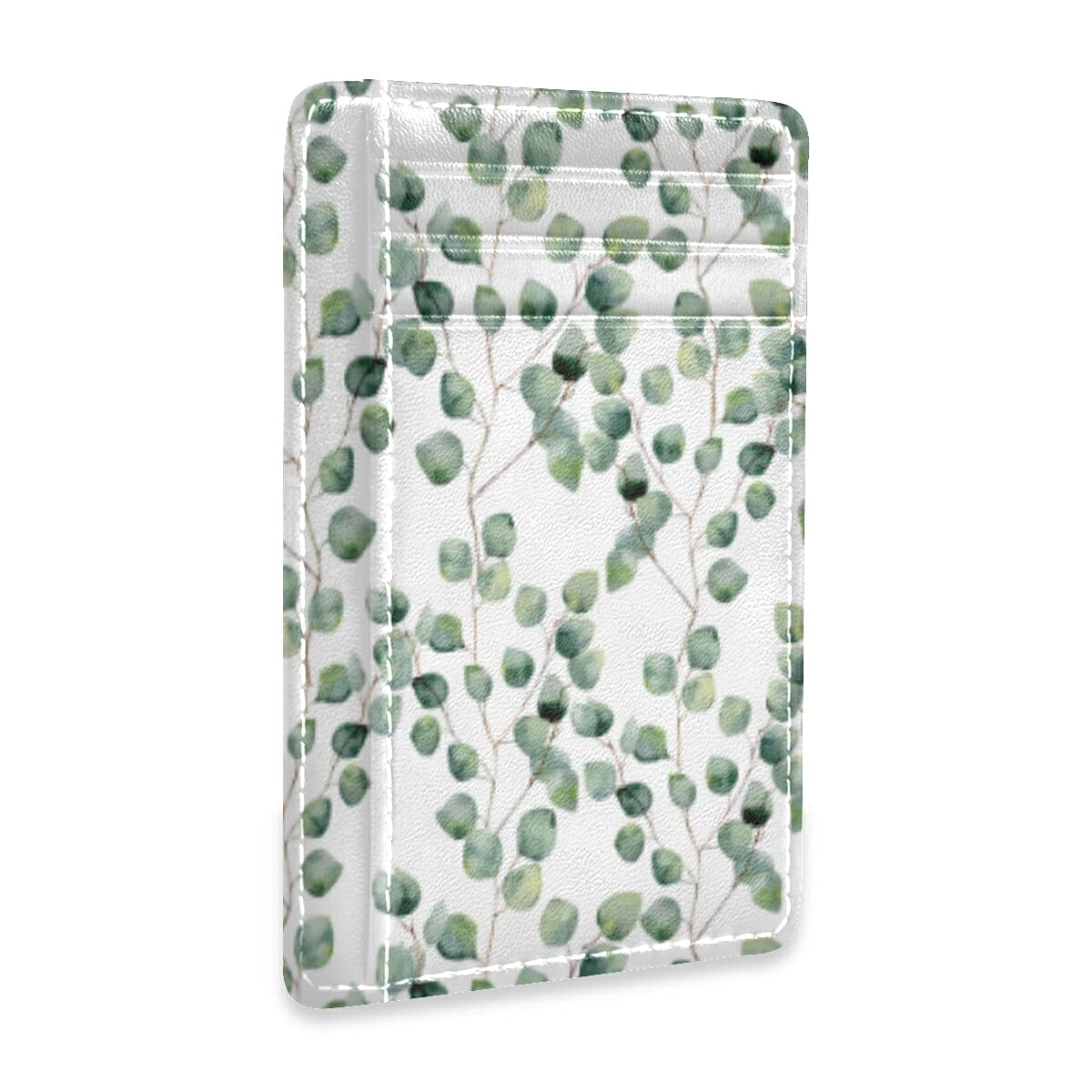 OTVEE Slim Minimalist Wallets Rfid Blocking Card Wallets PU Leather Front Pocket Wallets for Men and Women (Fresh Green Plant Eucalyptus Leaves)