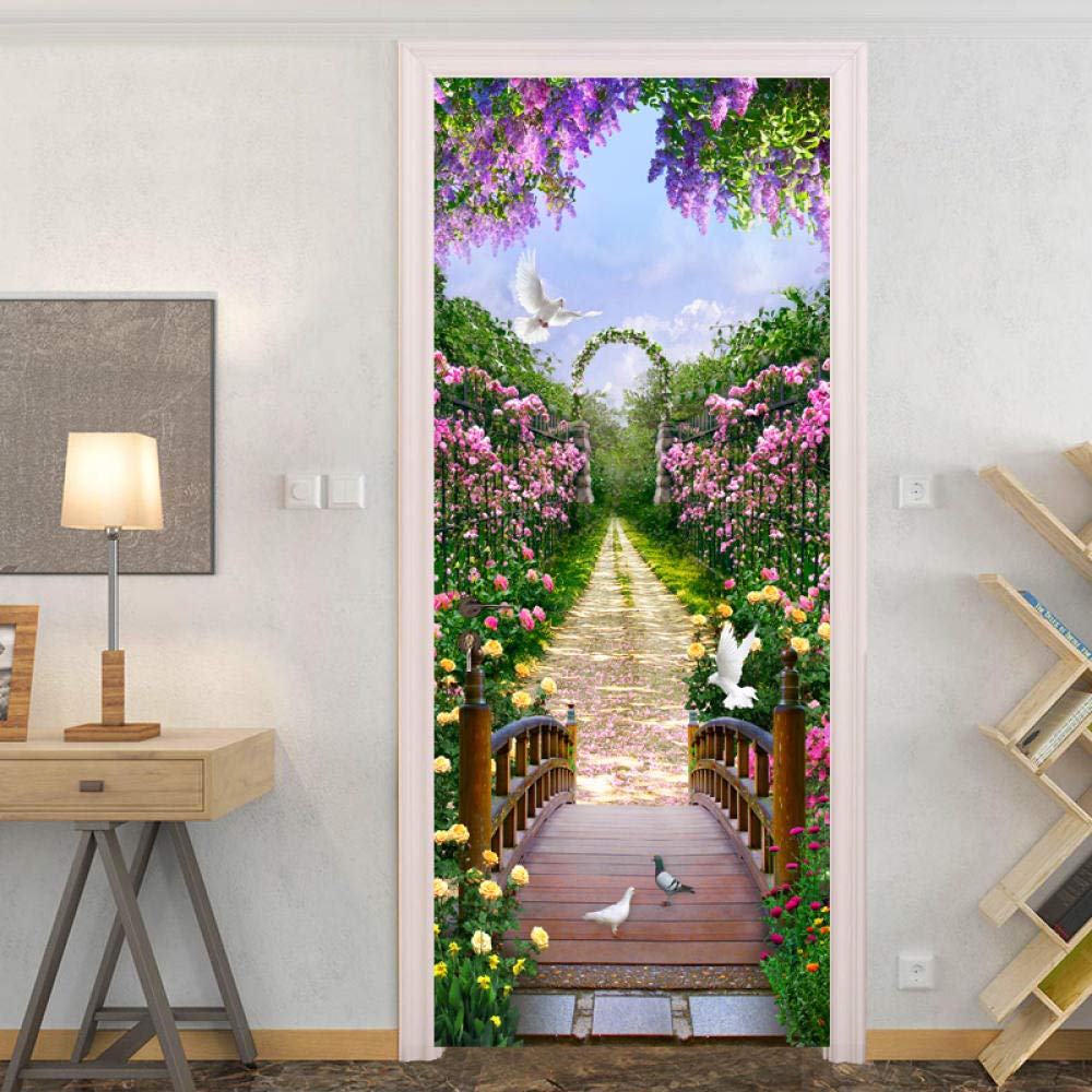 QHOXAI 3D Door Sticker Garden Bridge White Pigeon Photo Wallpaper Living Room Kids Bedroom Bathroom Home Decor Decal Art Poster Pvc Waterproof Self-Adhesive Murals Wall Art Stickers 33.4x80.7 inch