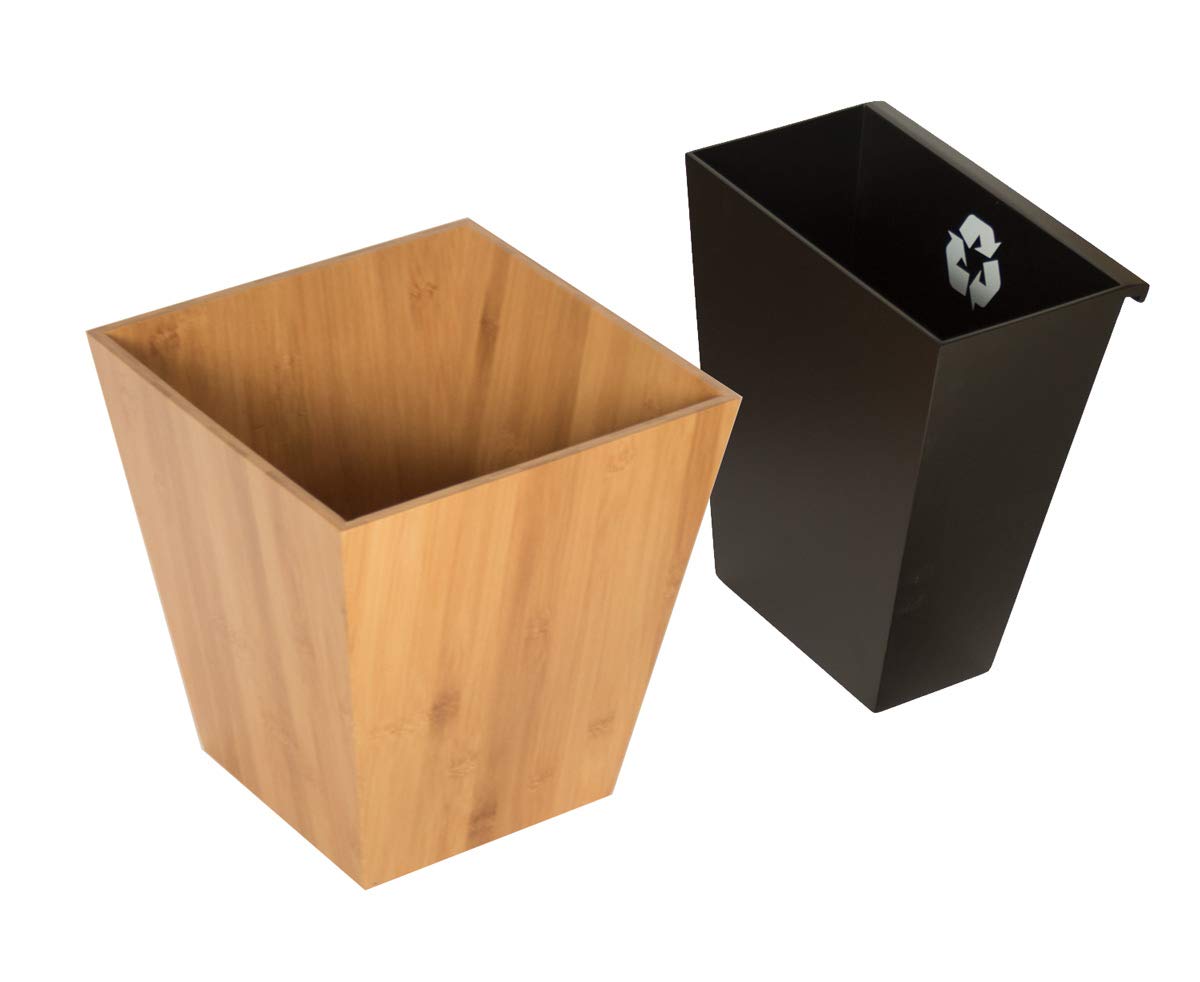 Dual Divided Trash Can with Removable Inner Bin for Separating Trash from Recycling. Great for Home Offices, Desks, Work from Home - Crafted from Eco-Friendly Bamboo