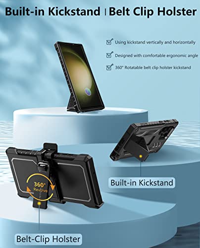 FNTCASE for Samsung Galaxy S23 Ultra Case: Built-in Screen Protector & Kickstand, Extra Front Frame, Full-Body Dual Layer Rugged Belt-Clip Holster Heavy Duty Shockproof Protective Phone Cover-Black