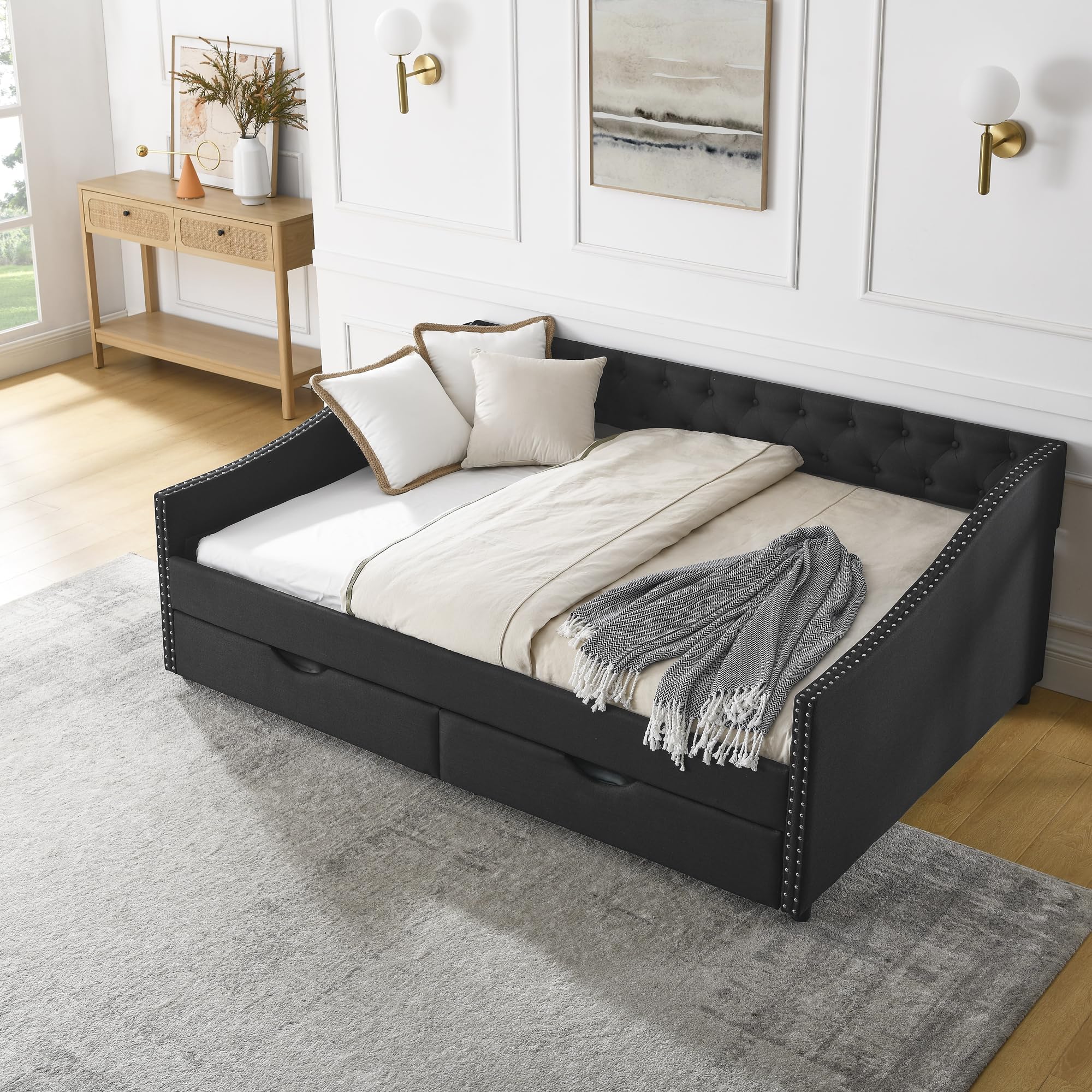 Flieks Linen Upholstered Full Daybed with Two Storage Drawers, Full Size Button Tufted Sofa Bed Daybed with Nailhead Trim and Wood Slat Support (Black)