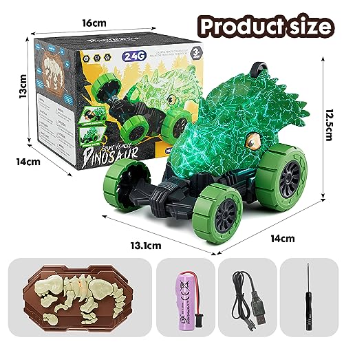 LOVE LIFE Remote Control Car, RC Stunt Car Invincible 360°Rolling Twister with Colorful Lights & Music Switch, Dinosaur Remote Control Car for 3 4 5 6 7 8 Year Old Kids Boys (Triceratops)