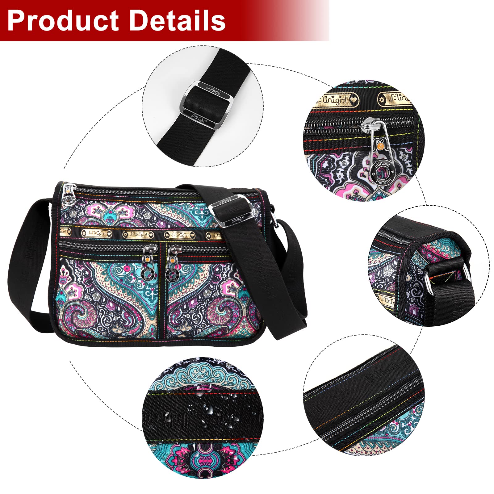 Oudduo Women Lady Shoulder Bag Mandala Black Nylon Crossbody Bag Casual Crossbody Bag Multiple Compartments