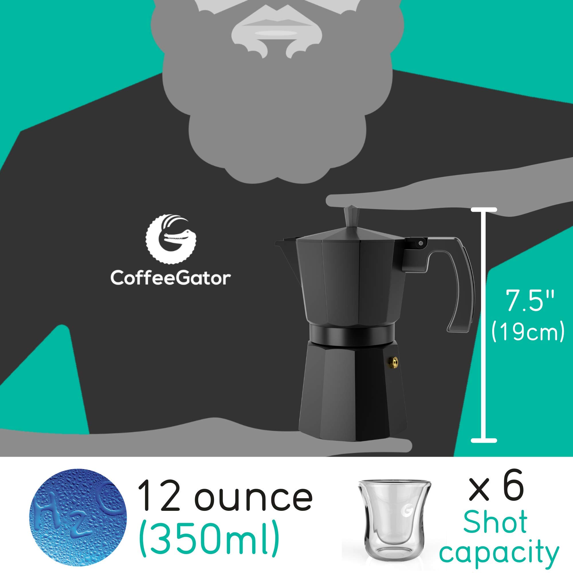 Coffee Gator Moka Pot - 6 Cup, Stovetop Espresso Maker - Classic Italian and Cuban Coffee Percolator w/ 2 Stainless-Steel Cups β Matte Grey Aluminum