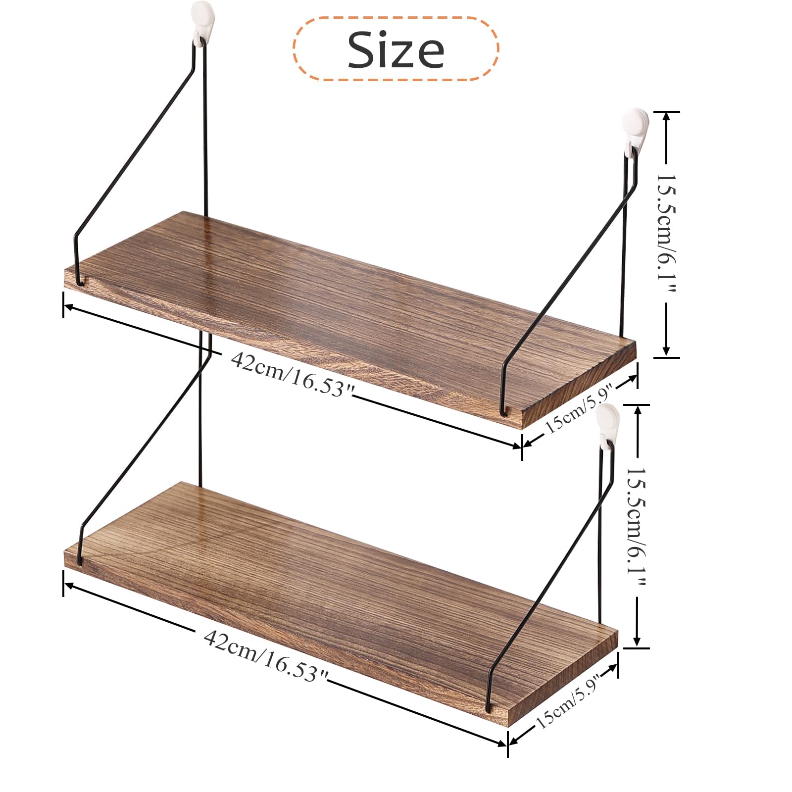 Floating Shelves for Wall No Drilling 16.53 Inch 2 Sets Rustic Natural Wooden Shelf Wall Mounted Storage 3 Mounting Option Renter Friendly Shelf for Bathroom Living Room Bookshelf Kitchen (Dark Brown)
