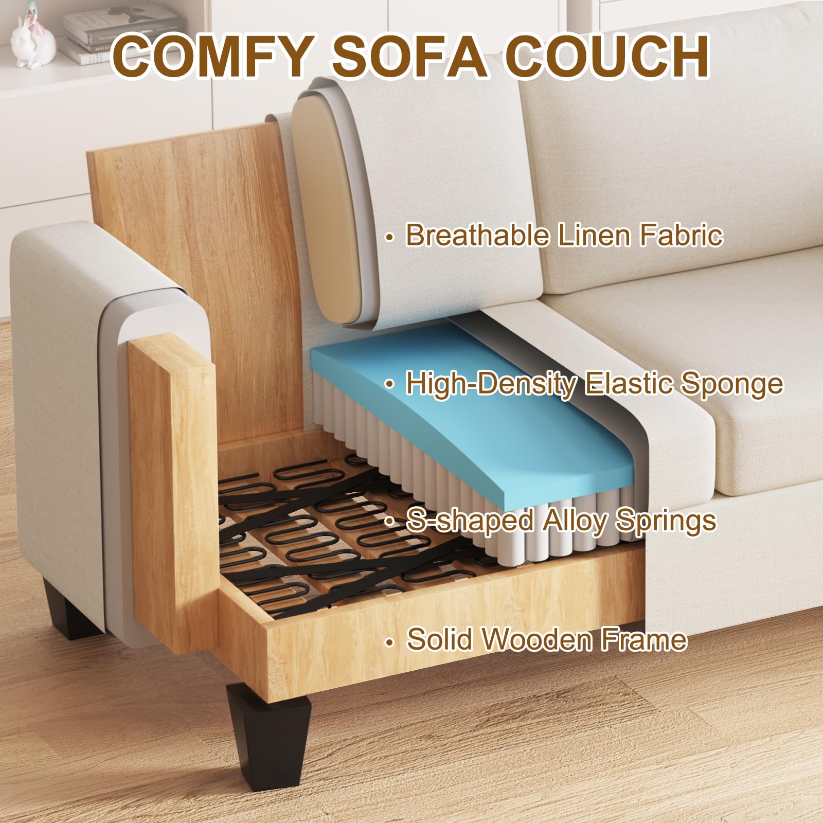 Furnimart 85 inch Deep Seat Sofa, Comfy Cloud Couch for Living Room, Beige Linen Sofa, Modern 3 Seater Couch, Cozy Fluffy Couch with Removable Sofa Cover, Small Couches for Small Spaces