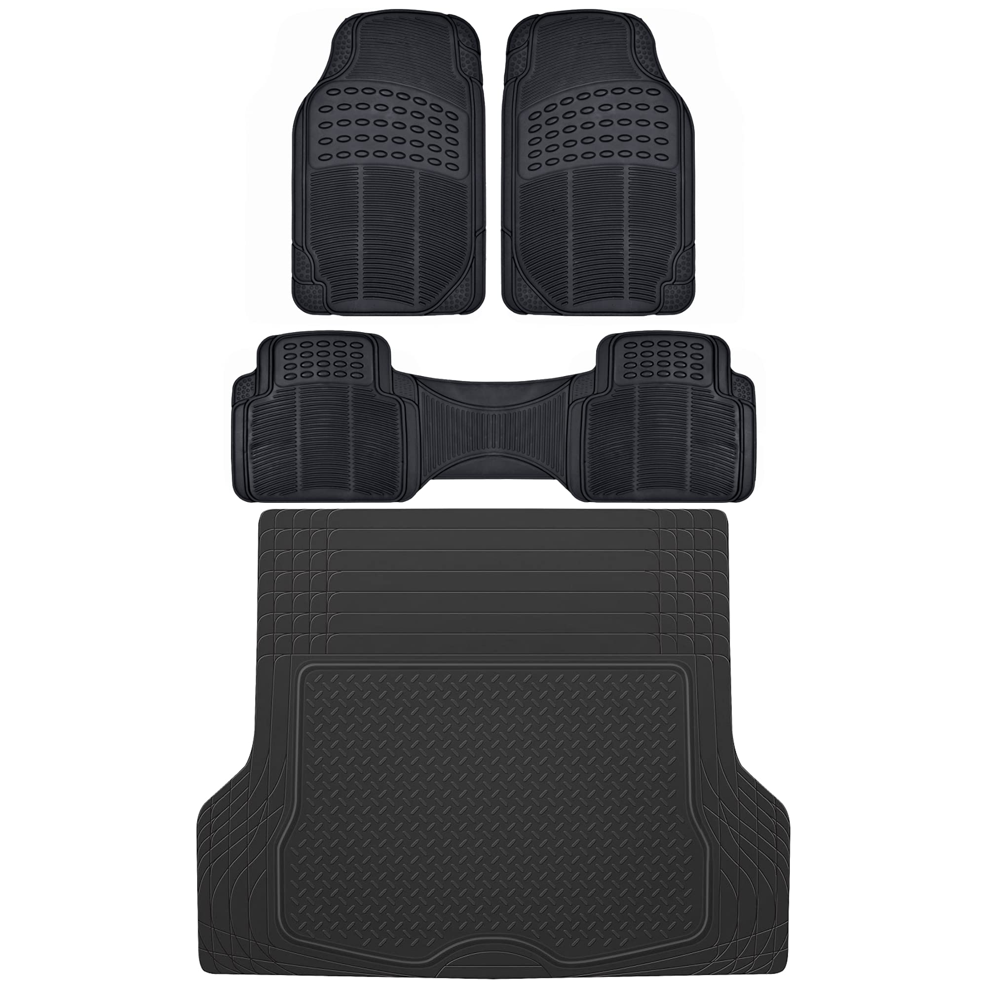 BDK Proliner All Weather Rubber Auto Floor Mats and Trunk Cargo Liner - Front & Rear Heavy Duty Set Fit for Car SUV Van and Truck, Black, 4 Pieces (Trim to Fit)