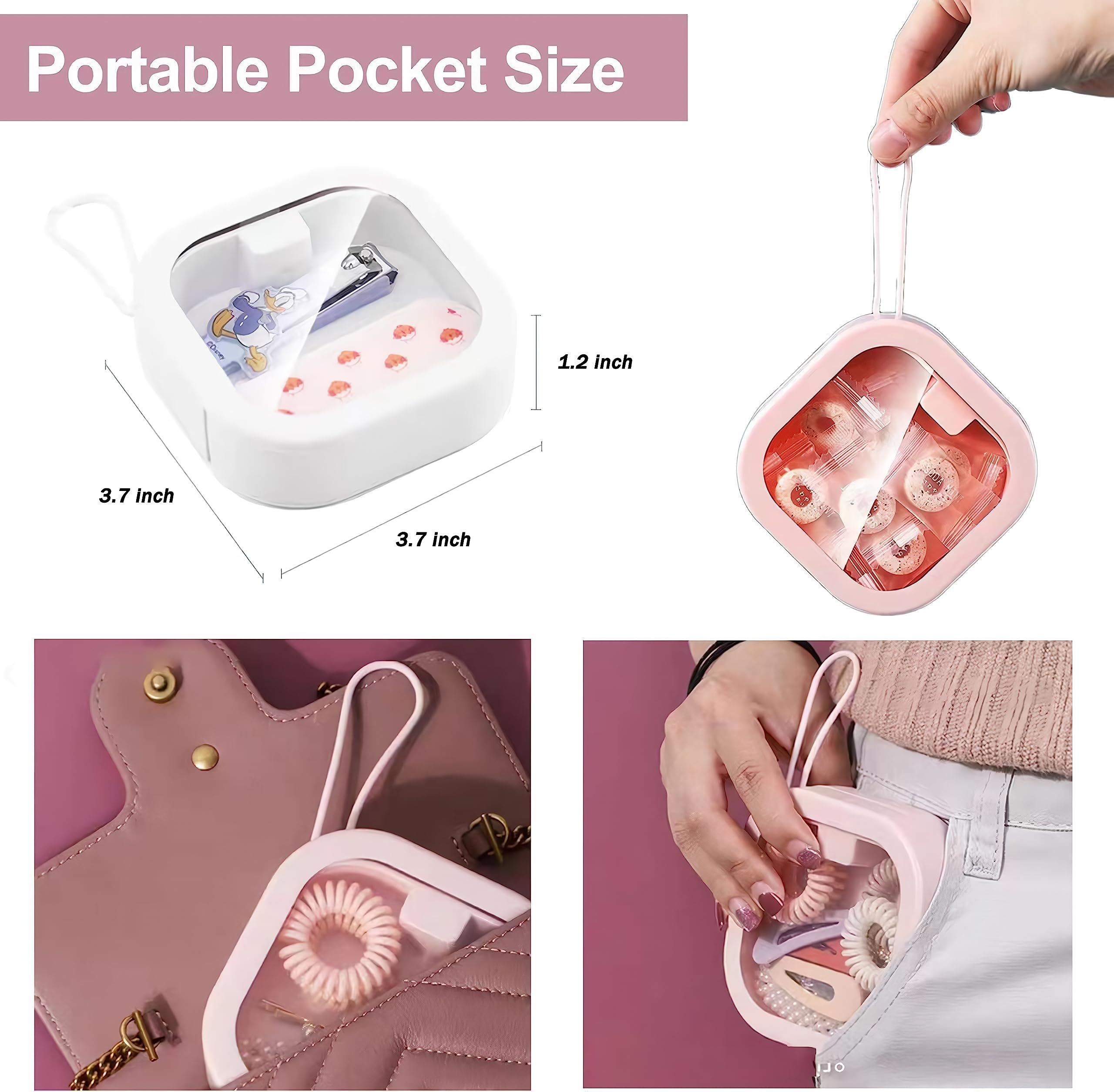 GAGAMOTEYA 6 Pcs Hair Tie Organizer,Qtip Dispenser Bathroom Storage Organizer with Press Buckle Button Switch,Cotton Swab Holder Portable Travel,Hair Accessory Box with Lid for Bathroom(Pink+White)