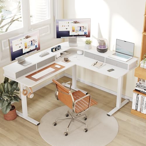 FLEXISPOT L Shaped Standing Desk with Shelf Electric Corner Table, Drawers, Adjustable Computer Workstation for Home, Office,USB Charging Port, 63x55in, White Top + White Frame