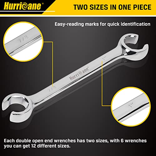 HURRICANE 6 Pc SAE Flare Nut Wrench Set, Brake Line Wrench Set, Size from 1/4" to 1", 6 Point, 15° Offset End, Ideal for Repair and Remove Nuts on Fuel, Tube, Hose, Transmission Lines in Tight Spaces