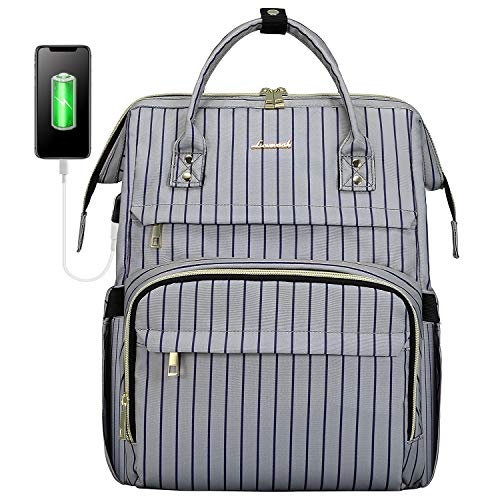 LOVEVOOK Backpack Women Laptop Bag Plait Laptop Backpack Computer Bag Work Bag Backpack Purse with USB Charging Port and Luggage Strap,All Stripe Grey