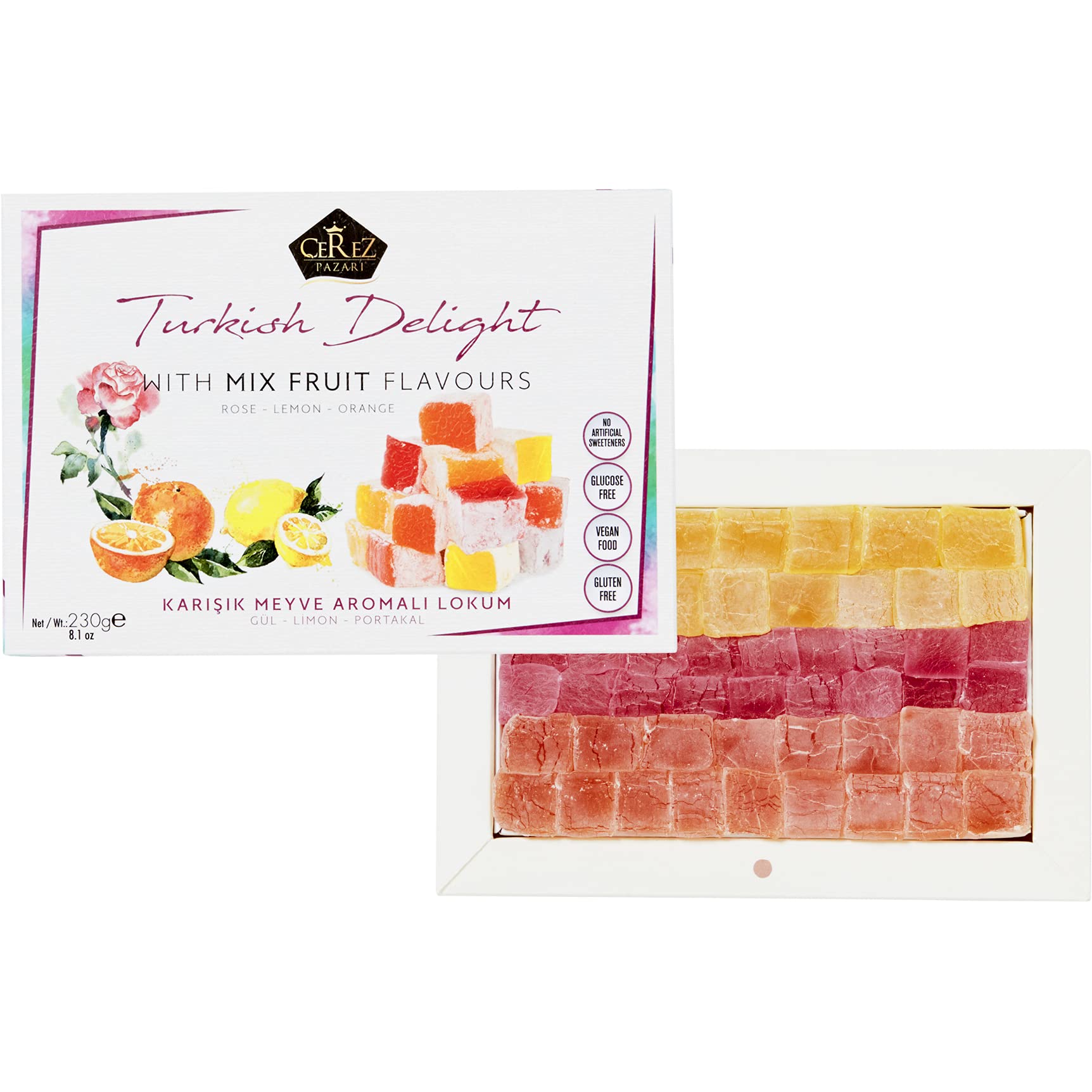 Cerez Pazari Turkish Delight with Rose, Orange and Lemon Mix Flavours 8.1 Oz Gourmet Small Size Snacks Gift Box, No Nuts Sweet Traditional Confectionery Vegan Candy Dessert Lokum Loukoumi Approx.32Pcs