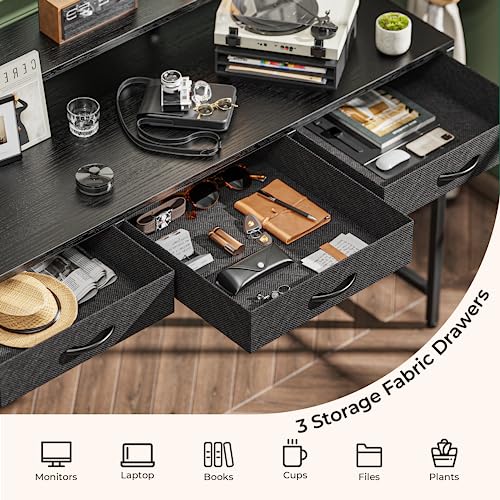 Huuger 47 inch Computer Desk with 3 Drawers, Office Desk Gaming Desk with LED Lights & Power Outlets, Home Office Desks with Storage Space for Bedroom, Work from Home, Black