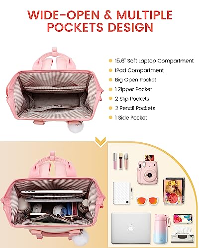 LOVEVOOK Laptop Backpack for Women,15.6 Inch College Backpack,Light Weight Travel Backpack Waterproof Casual Daypack Computer Backpack fits Travel Work Casual(15.6 inch,Pink&Beige)