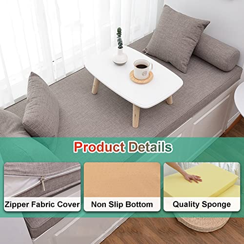 Custom Bench Cushion Angled Trapezoid Shape Bay Window Seat Upholstery Foam for Indoor Outdoor Non-Slip Bottom Design Washable Linen Cover Dark Grey