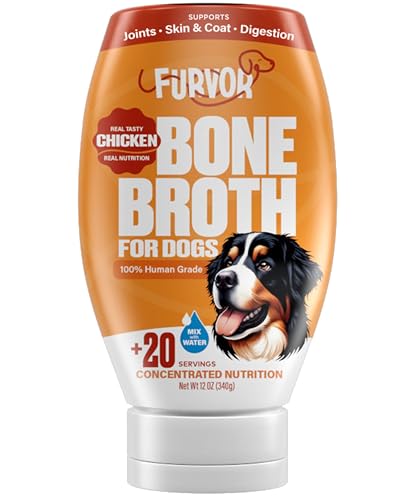 Furvor Chicken Bone Broth for Dogs - Collagen Protein Supplement for Digestion, Mobility, Coat, Immunity, Healthy Dog Food Topper, Meal Boost Gravy, Grain Free, Just Add Water, Made in USA, 12 oz