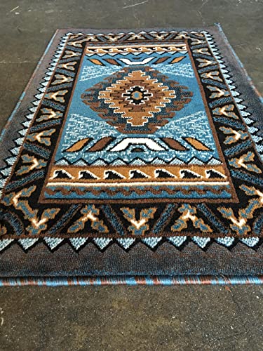 Southwest Native American Doorway Mat Area Rug Blue & Brown Design D143 (2 feet X 3 feet 4 inches)