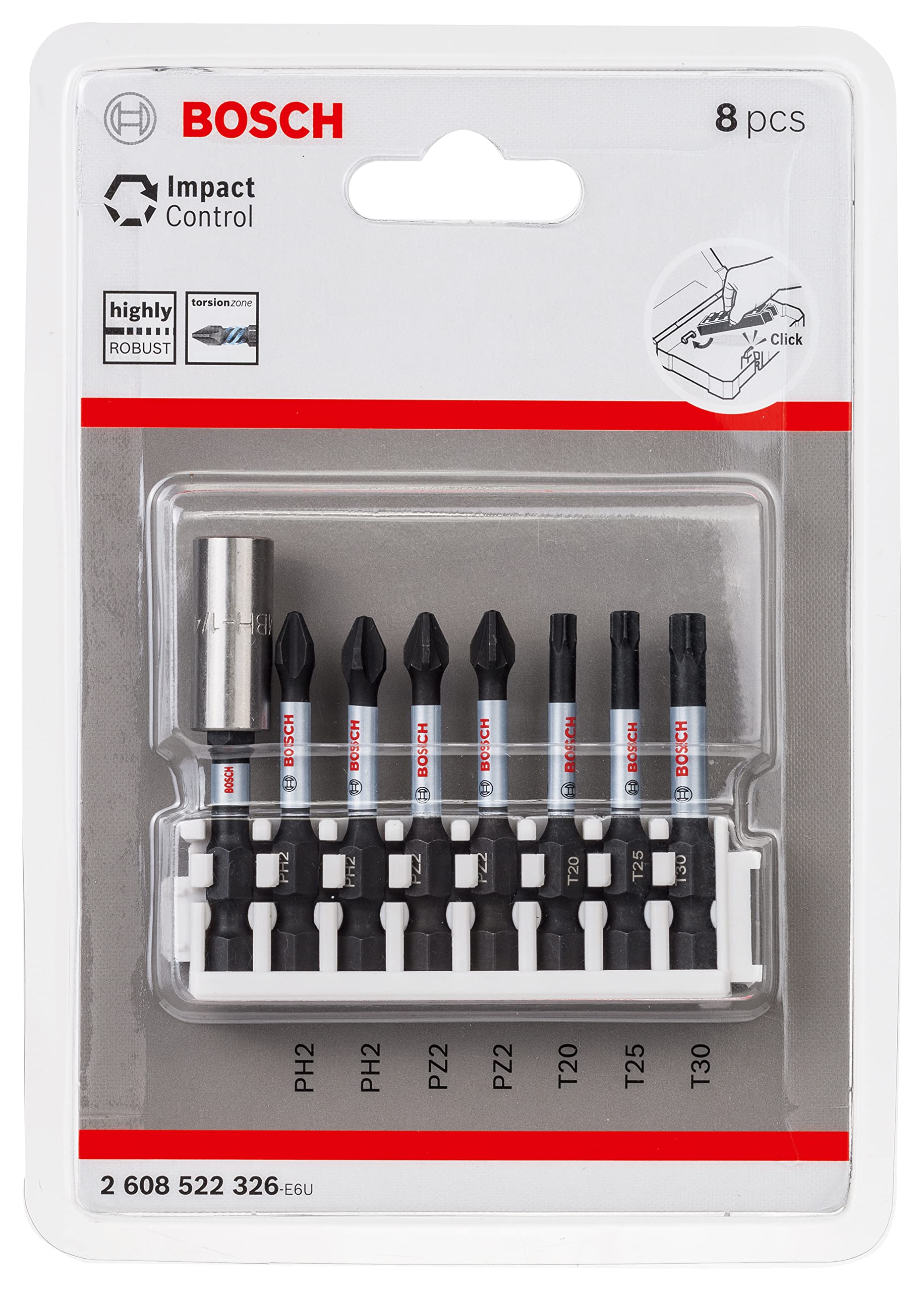Bosch Professional 8pcs. Screwdriver Bit Set (Impact Control, T/PZ/PH Bits, Length 25 mm, Pick and Click, Accessory Impact Drill)