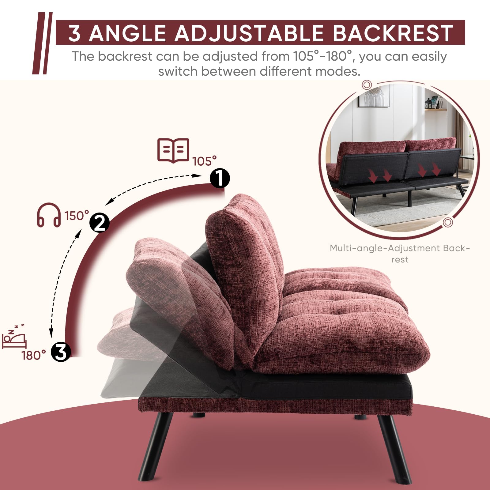 Futon Sofa Bed, Convertible Sleeper Couch Memory Foam Small Splitback Loveseat for Living Room,Modern Upholstered Love Seat with Adjustable Backrest and 6 Metal Legs,Thicker Cushion Version(Burgundy)