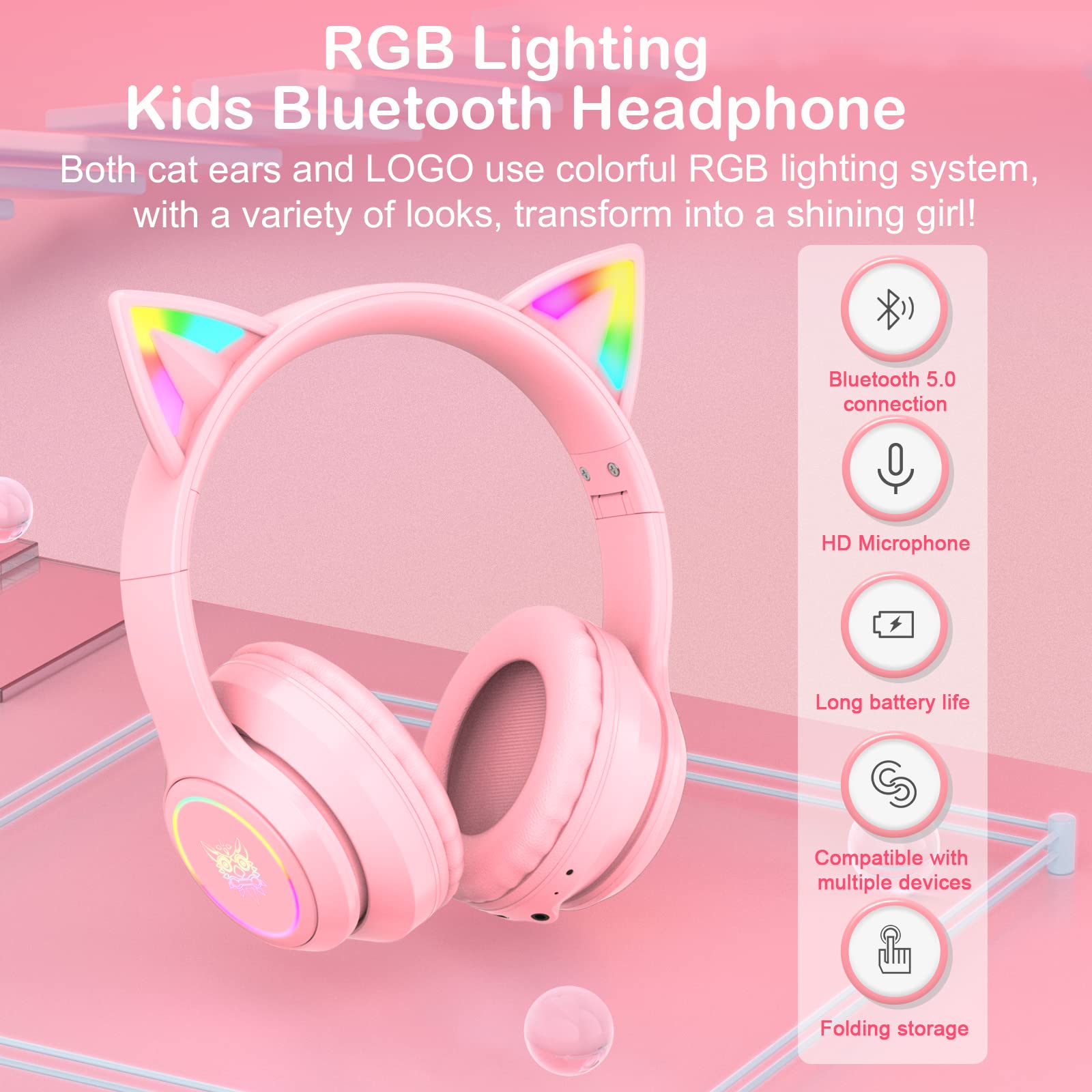SIMGAL Bluetooth Cat Ear Headphones for Kids, Wireless & Wired Mode Foldable Headset with Mic, RGB LED Light, for Girls School Gaming, Compatible with Mobile Phones PC Tablet
