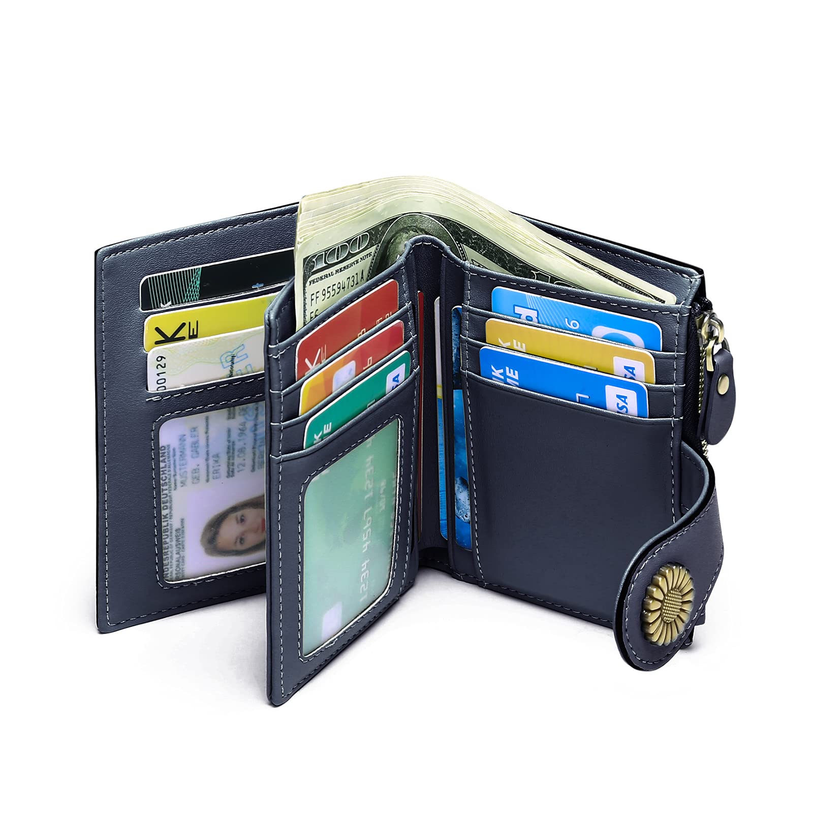 Wallets for Women Small Bifold RFID Blocking Genuine Leather Wallet Vintage Zipper Short Card Holder Ladies Purse Elegant Clutch with ID Window (Dark Blue)