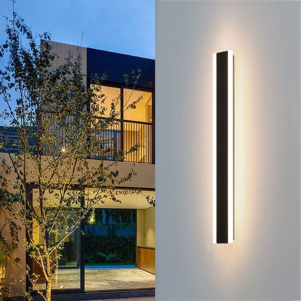 Outdoor Long Strip Modern LED Wall Lighting Fixture Lamps, Elegant Frosted White Acrylic, Black Aluminum Body IP65 Waterproof Anti Rust (Cold White, 60inch)