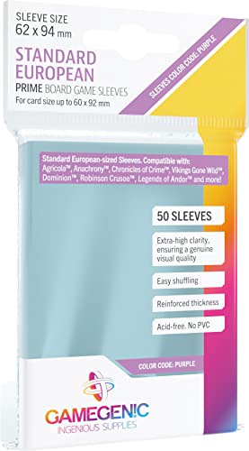 Prime Board Game Sleeves | Pack of 50 Extra-Clear Sleeves | 62 by 94 mm Card Sleeves Optimized for Standard European Card Games | Premium Card Protection | FFG Purple Color Code | Made by Gamegenic