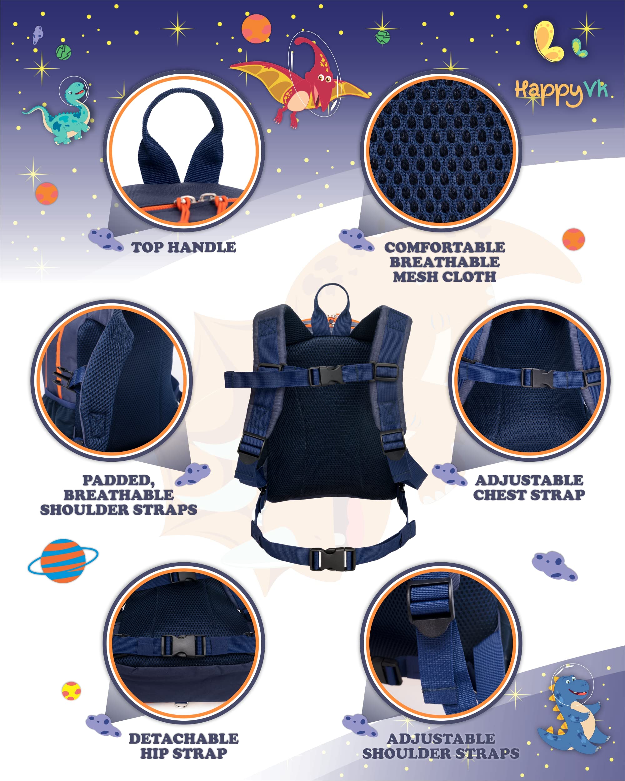 HappyVk- Backpack with Leash for Kids-Anti Lost Walking Toddler Leash-Dinosaur design-for 1-4 Years Old Boys, Girls