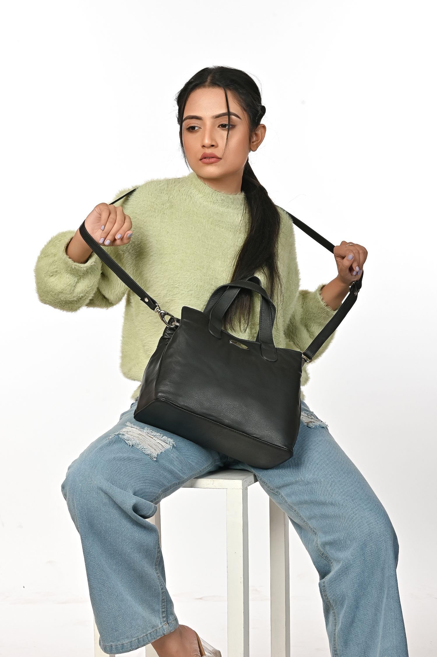 ROLANDO Julia Women's Top-Handle Leather Sling Handbag (Matt Black)