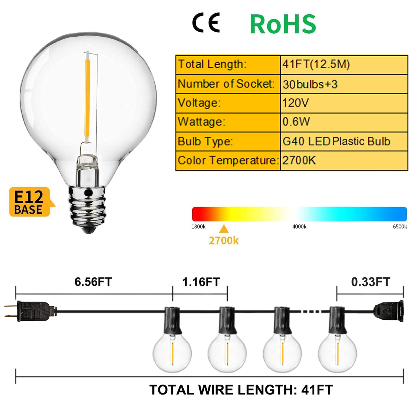 Outdoor String Lights G40 Globe LED Bulbs, Panaromia 41FT Patio Lights 30+3 Bulbs, Waterproof Shatterproof Hanging Lights for Indoor Outside Garden Home Christmas Xmas Warm White (A-LED-41ft)