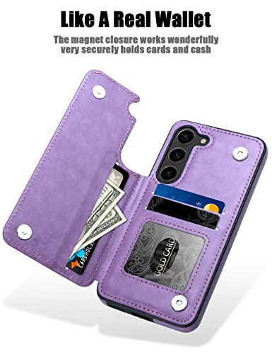 MMHUO for Samsung Galaxy S23 Case with Card Holder,Flower Magnetic Back Flip Case for Samsung Galaxy S23 Wallet Case for Women,Protective Case Phone Case for Samsung Galaxy S23 5G (2023),Purple
