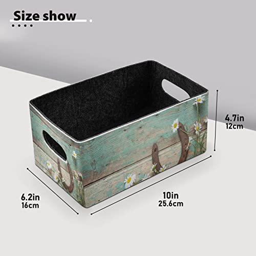 Kcldeci Rustic Rusty Horseshoe and Daisies on Old Wooden Storage Bins Baskets for Organizing, Sturdy Storage Basket Foldable Storage Baskets for Shelves Closet Nursery Toy