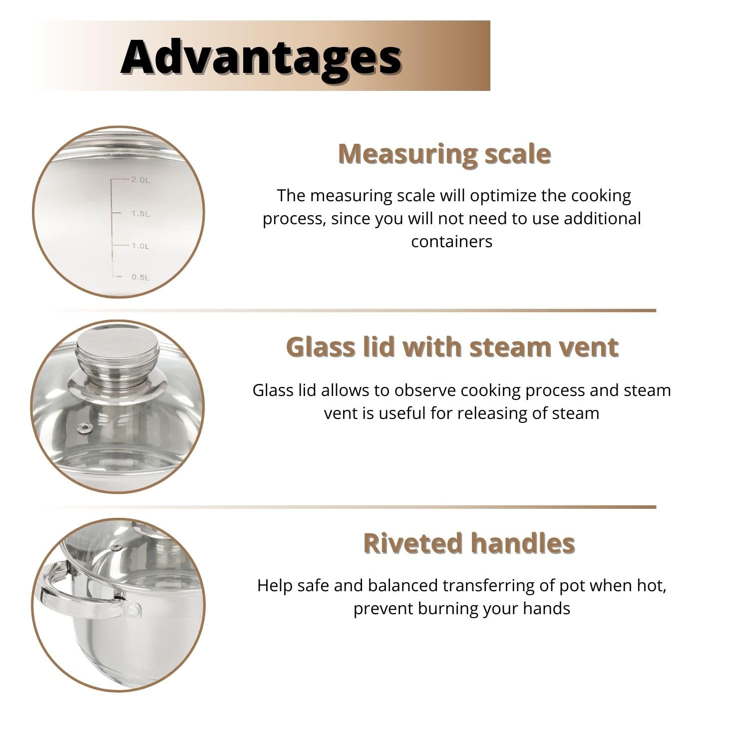 Daniks Standard Stainless Steel Stock Pot with Glass Lid | Induction 3 Quart | Dishwasher Safe Pot | Measuring Scale | Soup Pasta Stew Pot | Silver