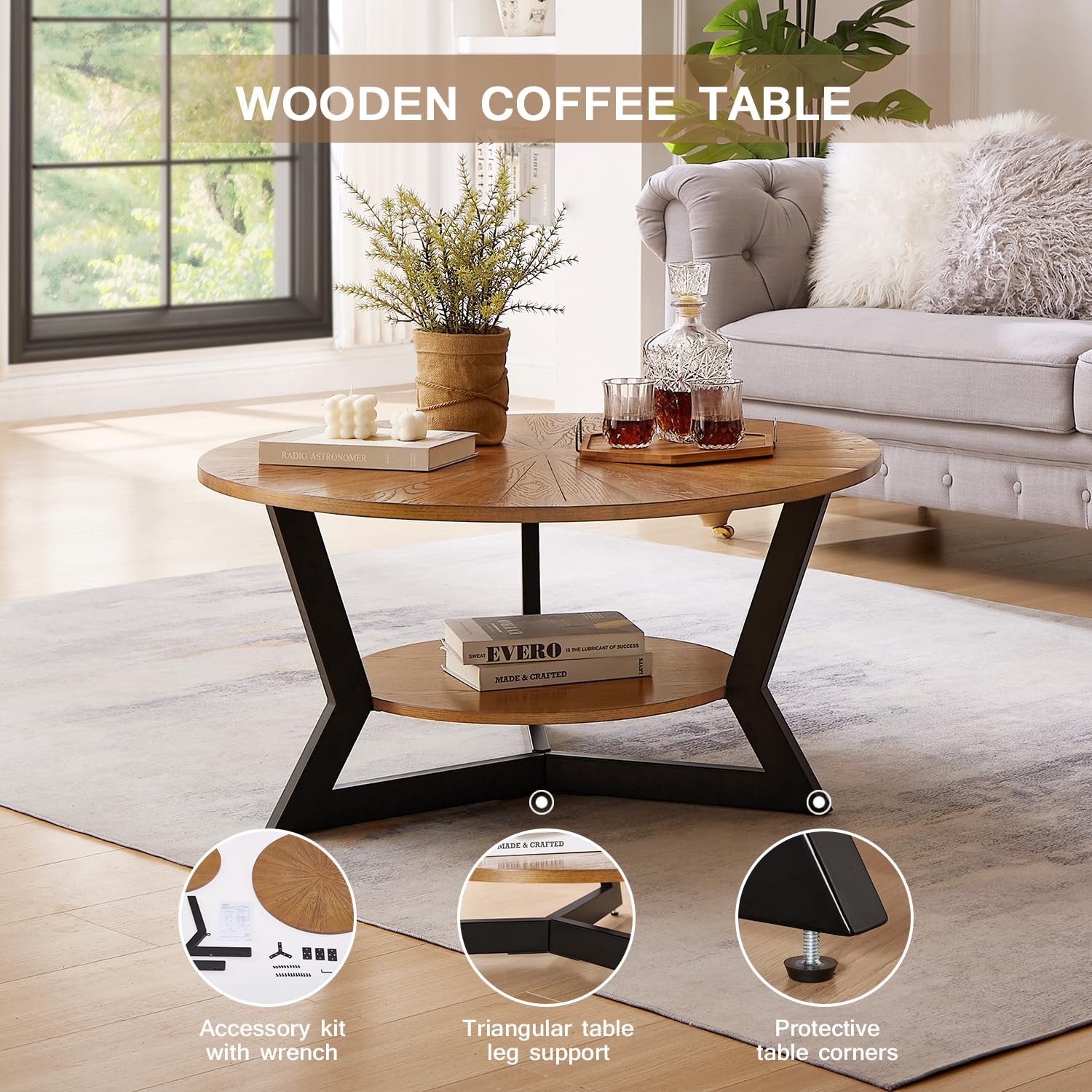 Gravilithic Round Wood Coffee Table for Living Room, 2-Tier Rustic Circle Coffee Table with Storage, Solid Natural Coffee Table with Metal Legs, Radial Pattern 35โx 17โ