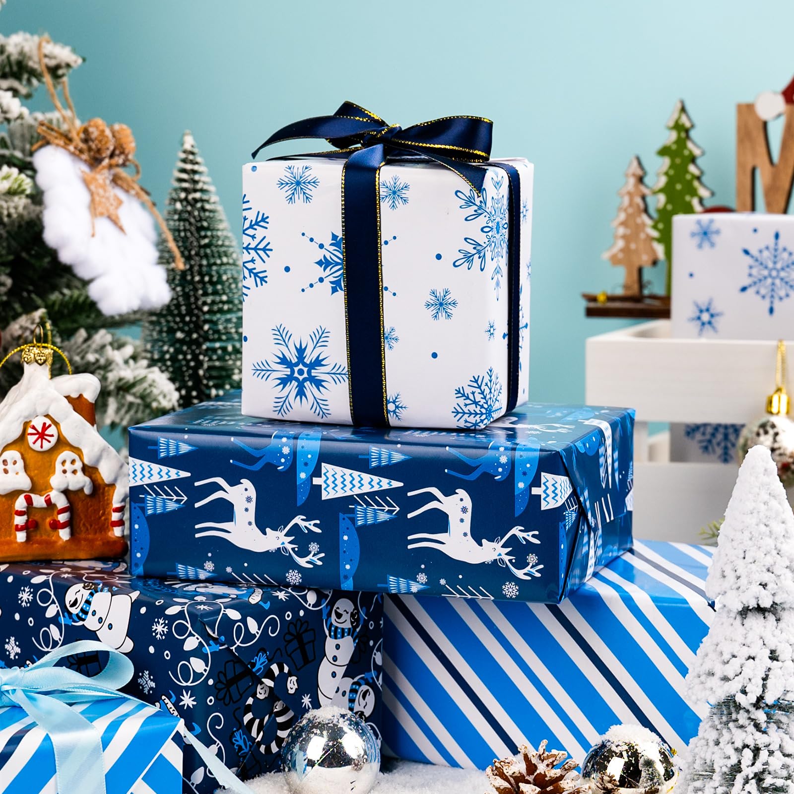 Flyhill Jumbo Christmas Wrapping Paper Bundle with Gridlines-30 In X120 In-4 Roll-Snowmen & Santa Claus & Snowflakes & Reindeer & White Stripes & Tree for New Year,Birthday,Holiday