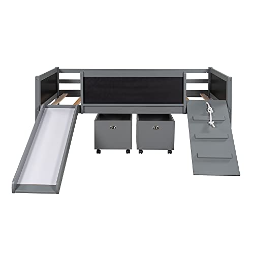 Low Loft Bed with Slide, Twin Loft Bed with Storage Boxes, Wood Twin Low Loft Bed Frame with Climbing Ladder and Chalk Board for Kids Boys Girls Teens, Grey