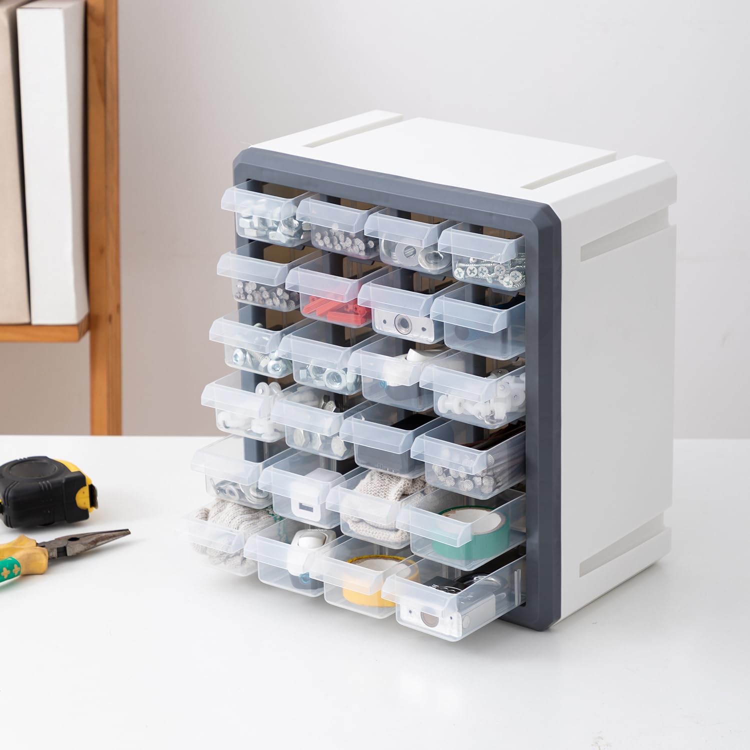 EZOWare Art Craft Storage Organizer Box, 24 Pull-Out Drawer Stackable Clear Plastic Divided Adjustable Container Bins for Small Parts, Scrapbook, Hobby, Sewing Supplies, Jewelry - White/Gray
