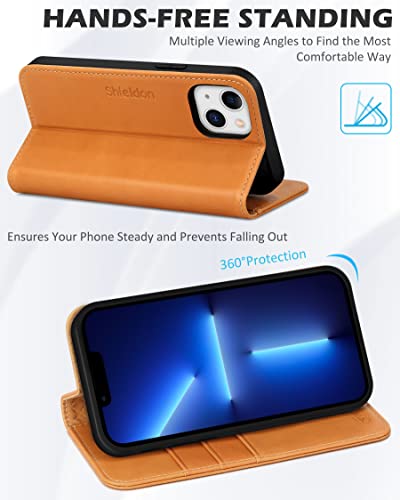 SHIELDON Case for iPhone 13 5G, Genuine Leather Durable Flip Wallet Kickstand RFID Blocking Credit Card Holder Magnetic Shockproof Protective Case Compatible with iPhone 13 (6.1" 2021 Release) - Brown