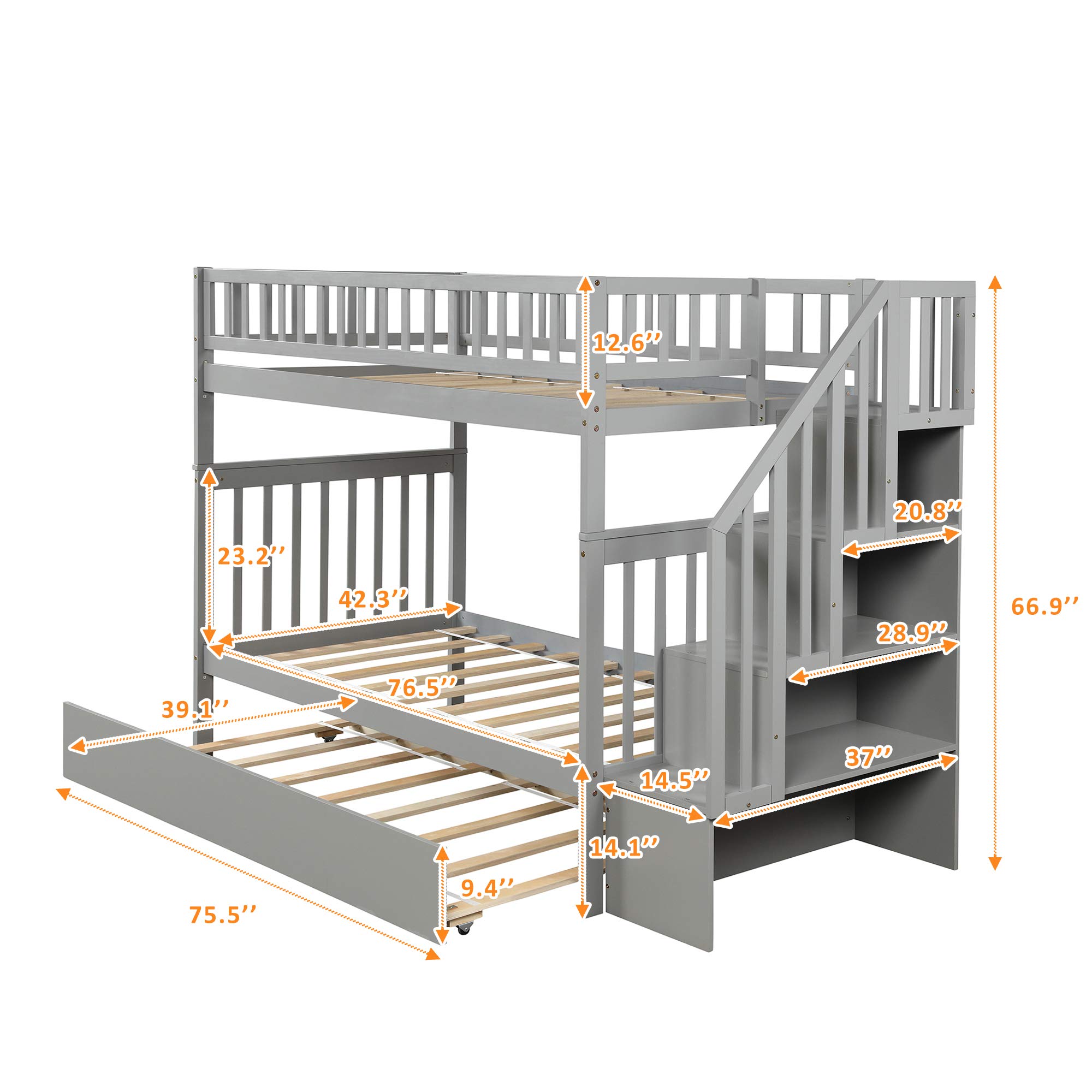Harper & Bright Designs Bunk Beds Twin Over Twin Size, Solid Wood Bunk Bed with Trundle for Kids and Toddler (Grey Bunk Beds with Trundle)