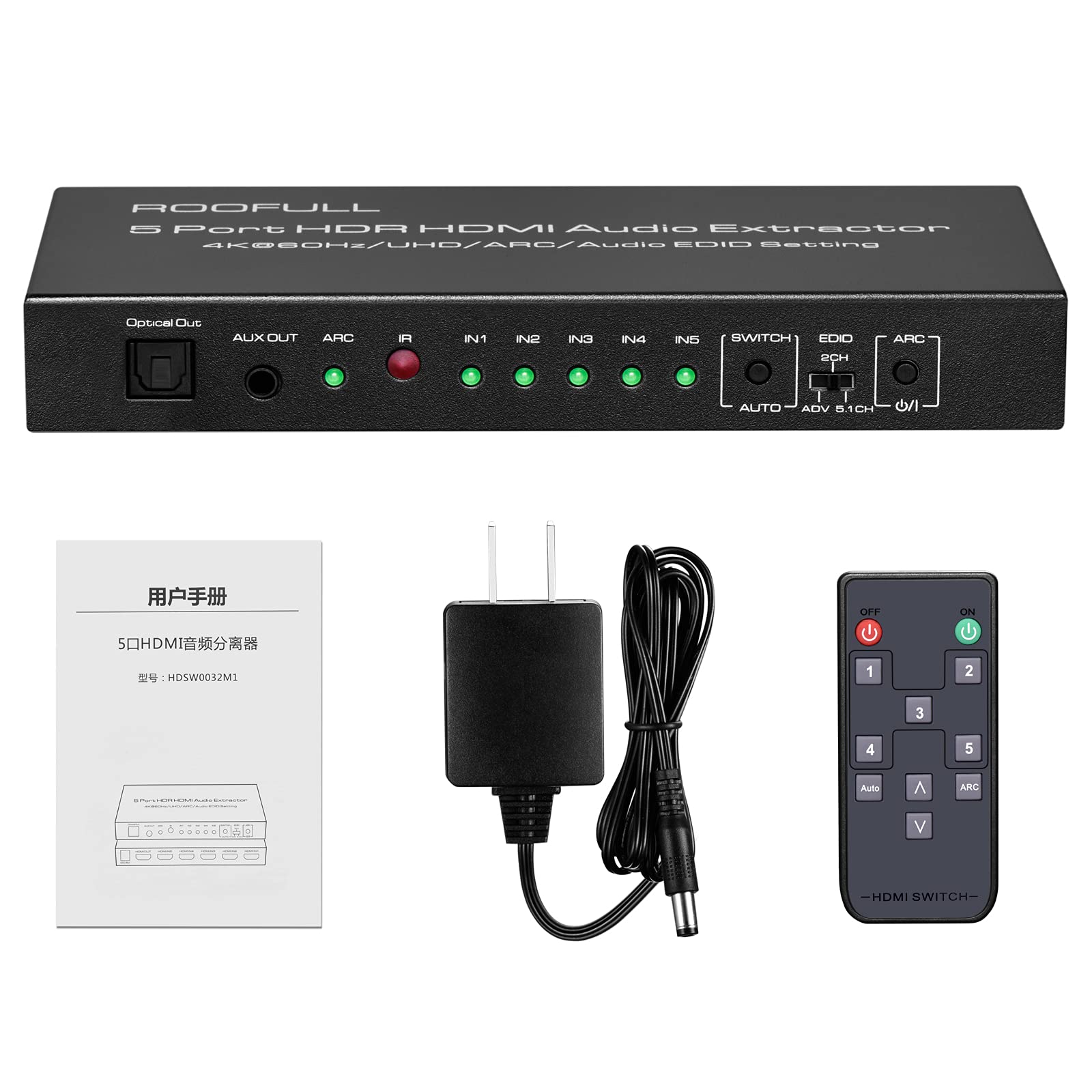 ROOFULL 5 Port 4K@60Hz HDMI Switch with Optical & 3.5mm AUX Audio Out, 5 in 1 Out HDMI 2.0 Switch Audio Extractor with Remote, Support ARC, HDR 10, HDCP 2.2, 18Gbps, Dolby Vision/Atmos, 3D, 1080P