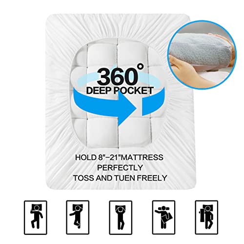KELTARO Extra Thick Bamboo Mattress Topper Queen Size Bed,Cooling Mattress Pad Cover Plush Soft Noiseless Down Alternative Fill,with 8-21" Deep Pocket
