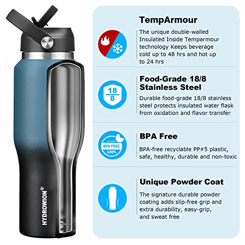 HYDROWION 32oz Water Bottle, Double Wall Vacuum Stainless Steel Insulated Water Flask with Straw Lid, Spout Lid and Flex Cap(Cold for 48 Hrs, Hot for 24 Hrs), Leakproof Travel Thermo Mug, Blue&Black