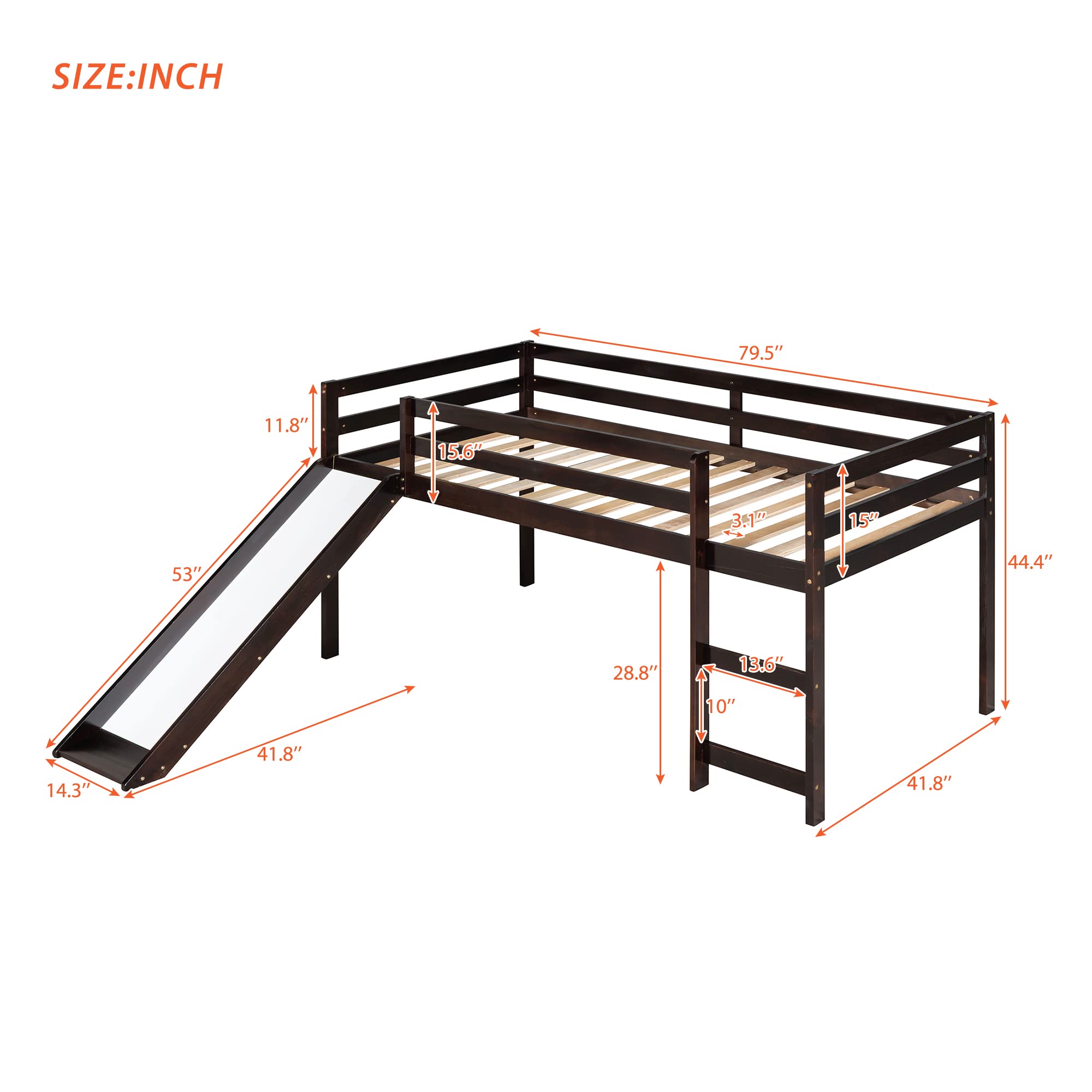 Harper & Bright Designs Kids Low Loft Bed with Slide, Twin Size Wooden Loft Bed Frame, Espresso