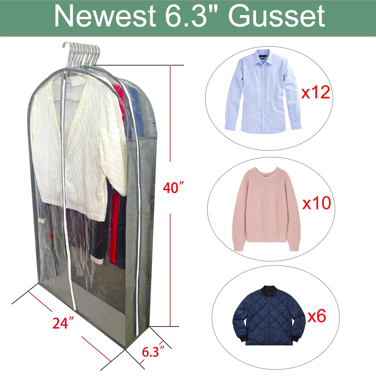 Garment Bags for Hanging Clothes with 6.3" Gusset, 40" Suit Bags for Closet Storage, Clear Moth Proof Suits Covers and Side Zipper Protector for Jacket, Coat, Sweater, Shirts, Clothing, Grey/3 Packs