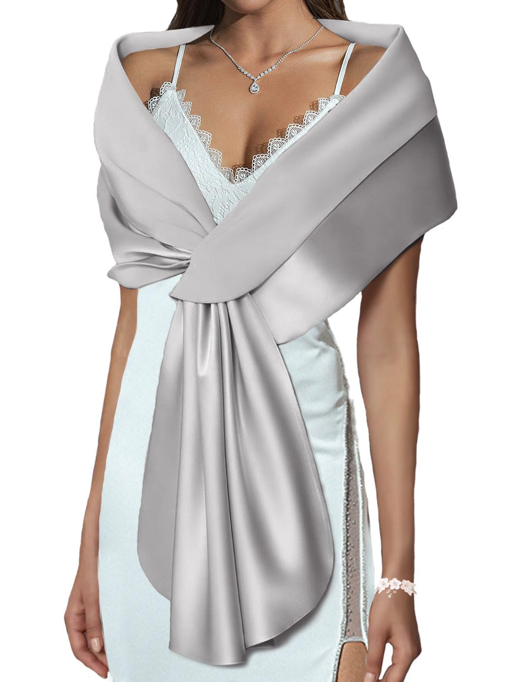 EASEDAILY Women's Shawls and Wraps for Evening Dresses Wedding Scarf Elegant Bridal Stoles Shrug for Bride and Bridesmaid (US 4-10 (S), C-silver)