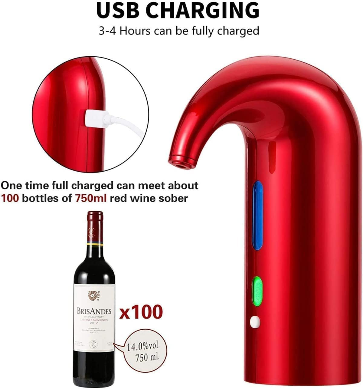 Electric Wine Aerator Pourer, Portable One-Touch Wine Decanter and Wine Dispenser Pump for Red and White Wine Smart Automatic Wine Oxidizer Dispenser USB Rechargeable Spout Pourer (Red)